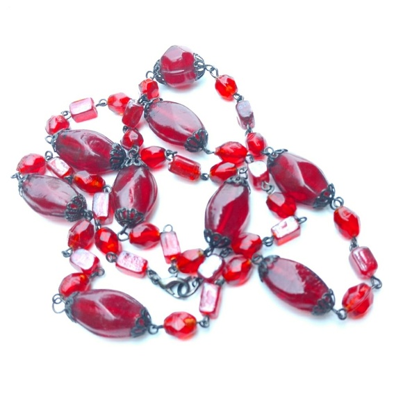 Vintage | Jewelry | Vintage Long Czech Red Glass Necklace | Poshmark